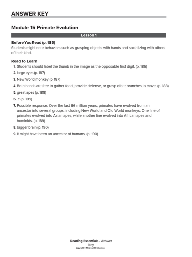 Reading Essentials Answer Key - Primate Evolution | PDF | Ape | Foreign ...