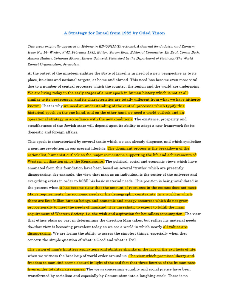 A Strategy For Israel From 1982 by Oded Yinon | PDF