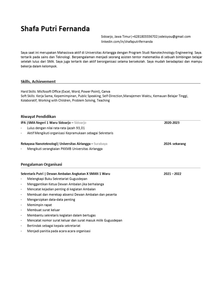 CV Ats Shafa Putri F 1724482844 | PDF