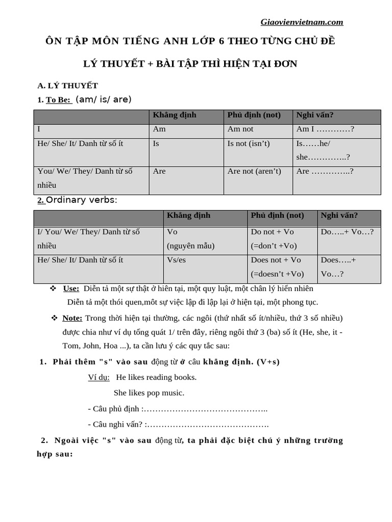 Ly Thuyet Va Bai Tap Thi Hien Tai Don Tieng Anh Lop 6 | PDF