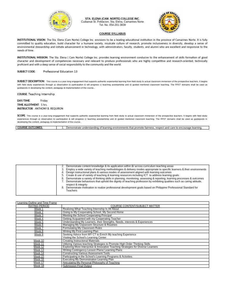 SYLLABUS-TEACHING INTERNSHIP | PDF
