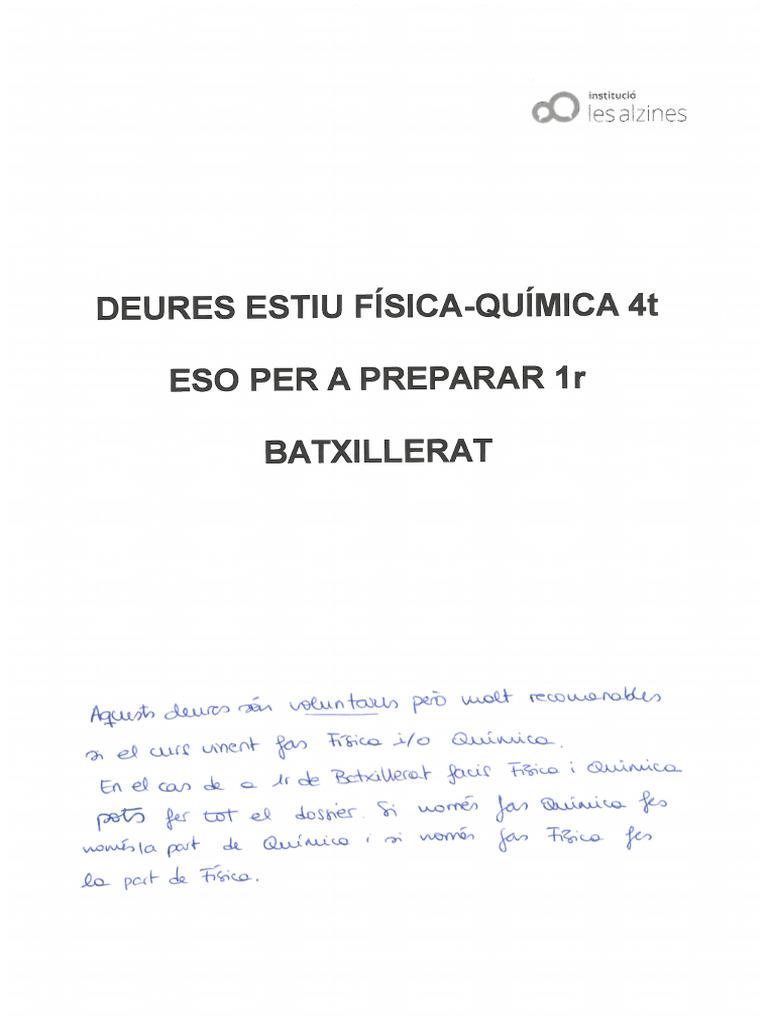 Deures Estiu Física I Química 4t ESO | PDF