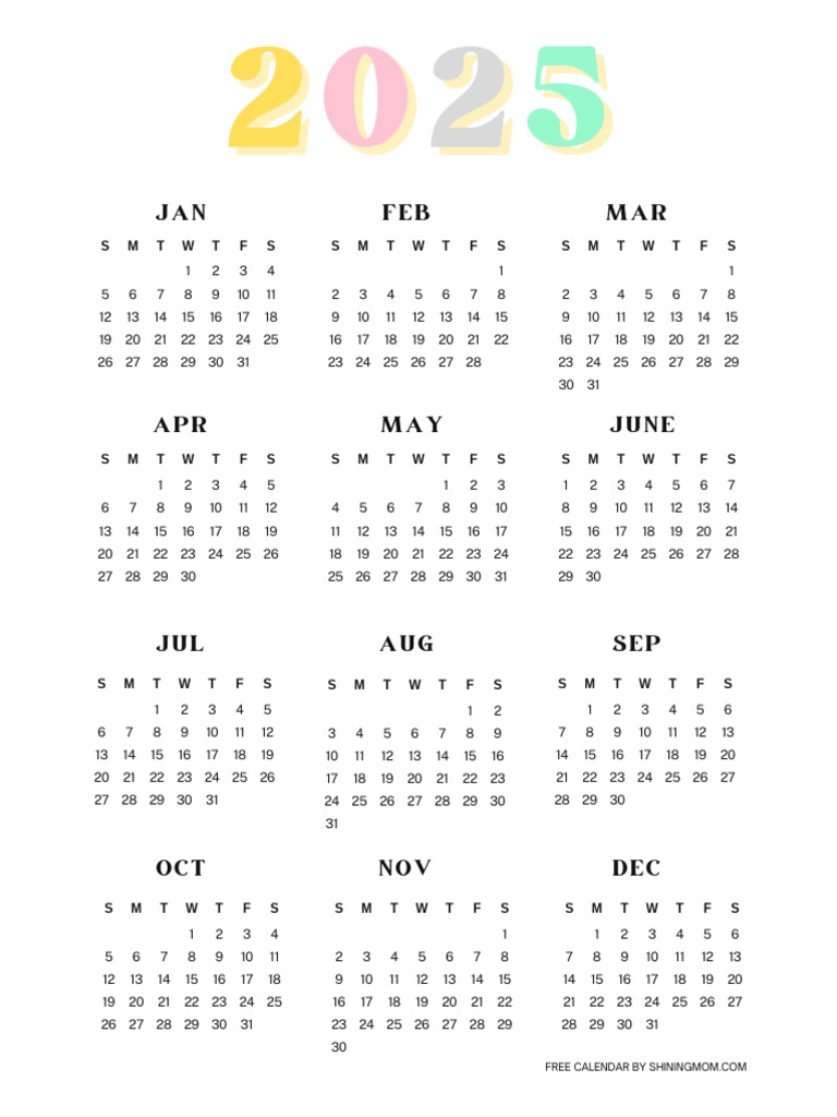 Colorful Yearly 2025 Calendar by Shining Mom | PDF