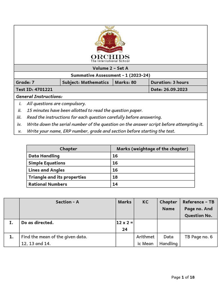 SA1 V2 Grade 7 Mathematics As Set A | PDF
