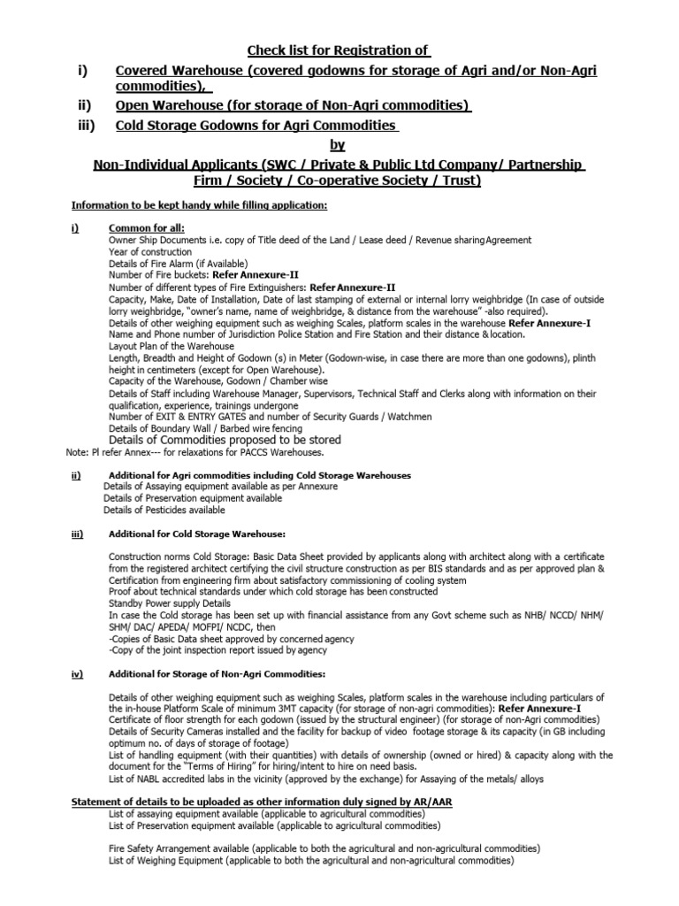 Checklist For Registration of Agri and Non Agri Warehouses | PDF