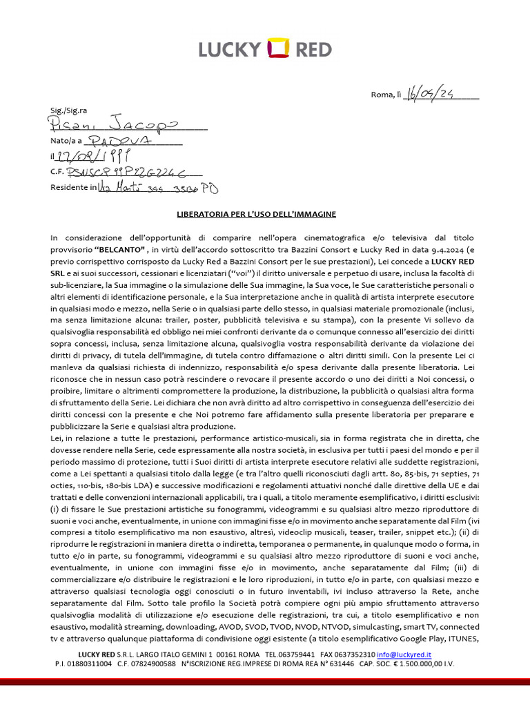 BELCANTO - Modello Liberatoria Musicista REV LR | PDF