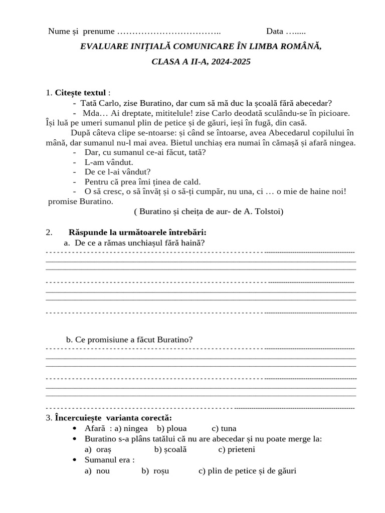 Evaluare Initiala Clasa A II-A CLR | PDF