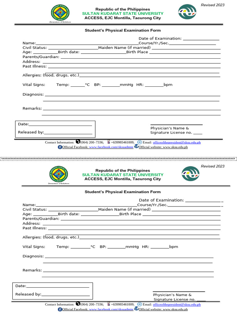 Physical Exam Form 2024 - RECORDS ADMISSION | PDF