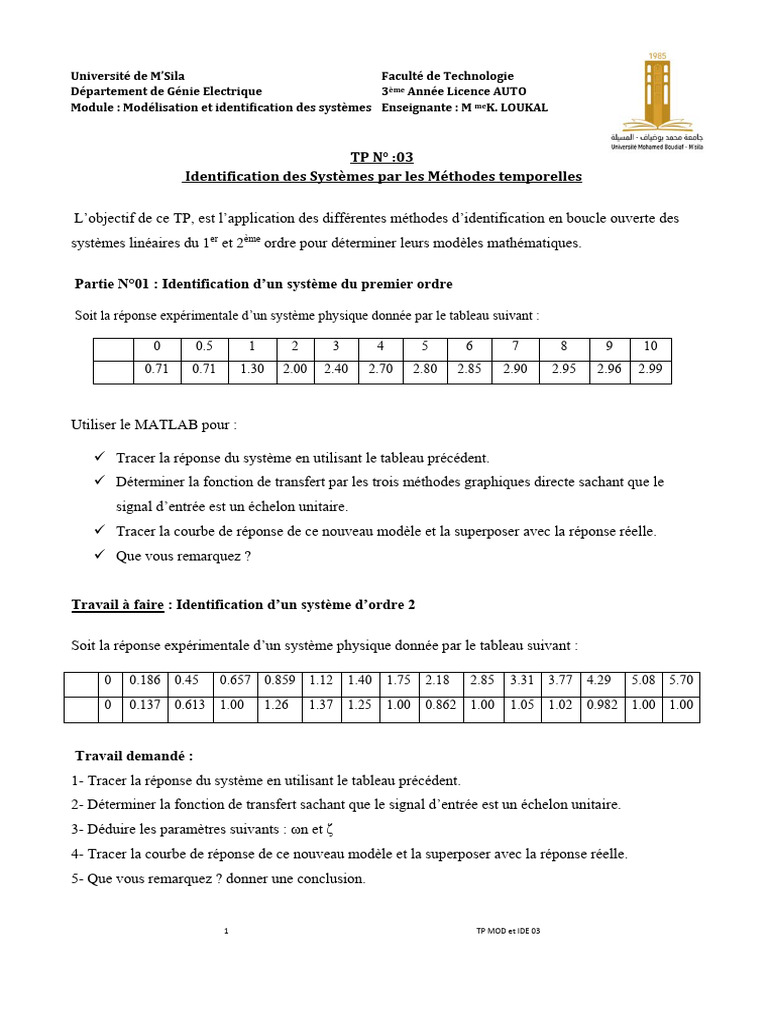 TP Modélisation Et Identificaton 03_2022_2023 | PDF