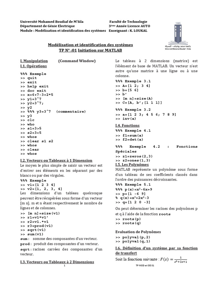 TP Modélisation Et Identificaton 01 - 2021 - 2022 | PDF