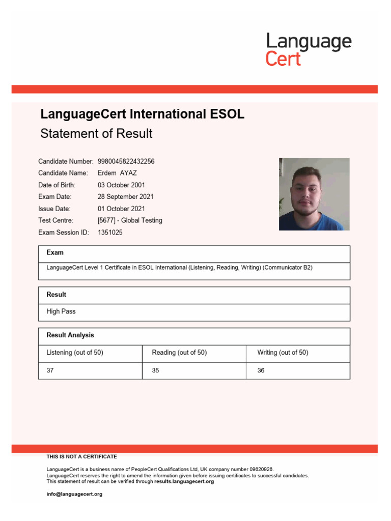 Languagecert International Esol: Statement of Result | PDF