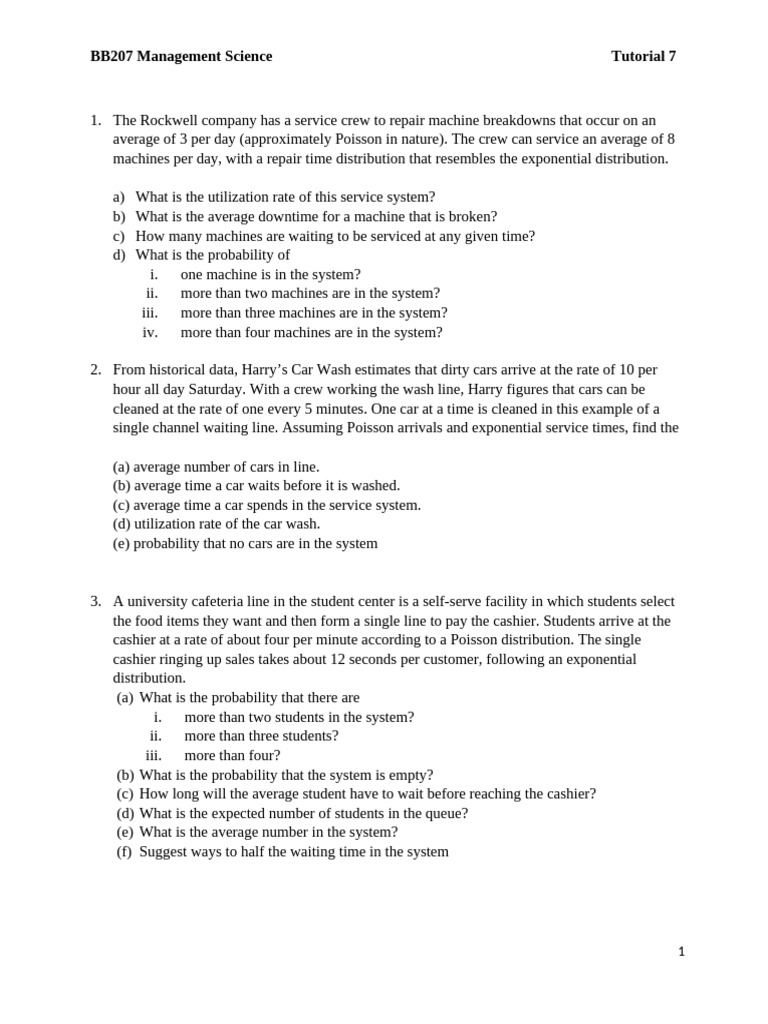 Tutorial 7 Waiting Lines | PDF