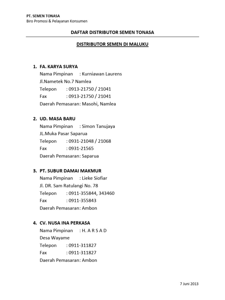 Daftar Distributor Semen Tonasa Distribu | PDF