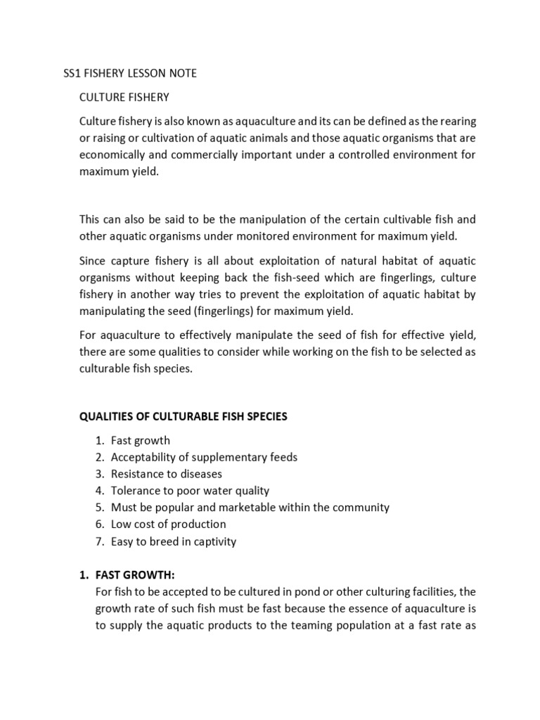 9833 - SS1 Fishery Lesson Note | PDF