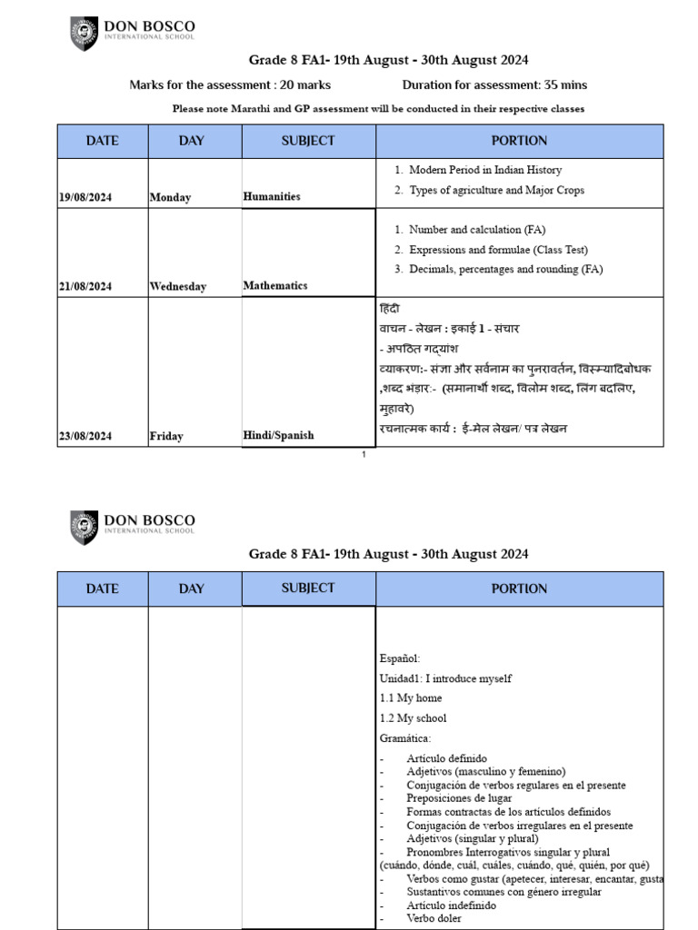 GR 8 FA1 - 2024 Portion Schedule 2 | PDF