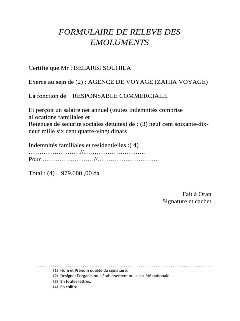 Formulaire de Releve Des Emoluments | PDF