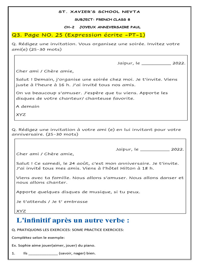 Class 8 CH-2 Revision Worksheet + Expression Ecrite | PDF