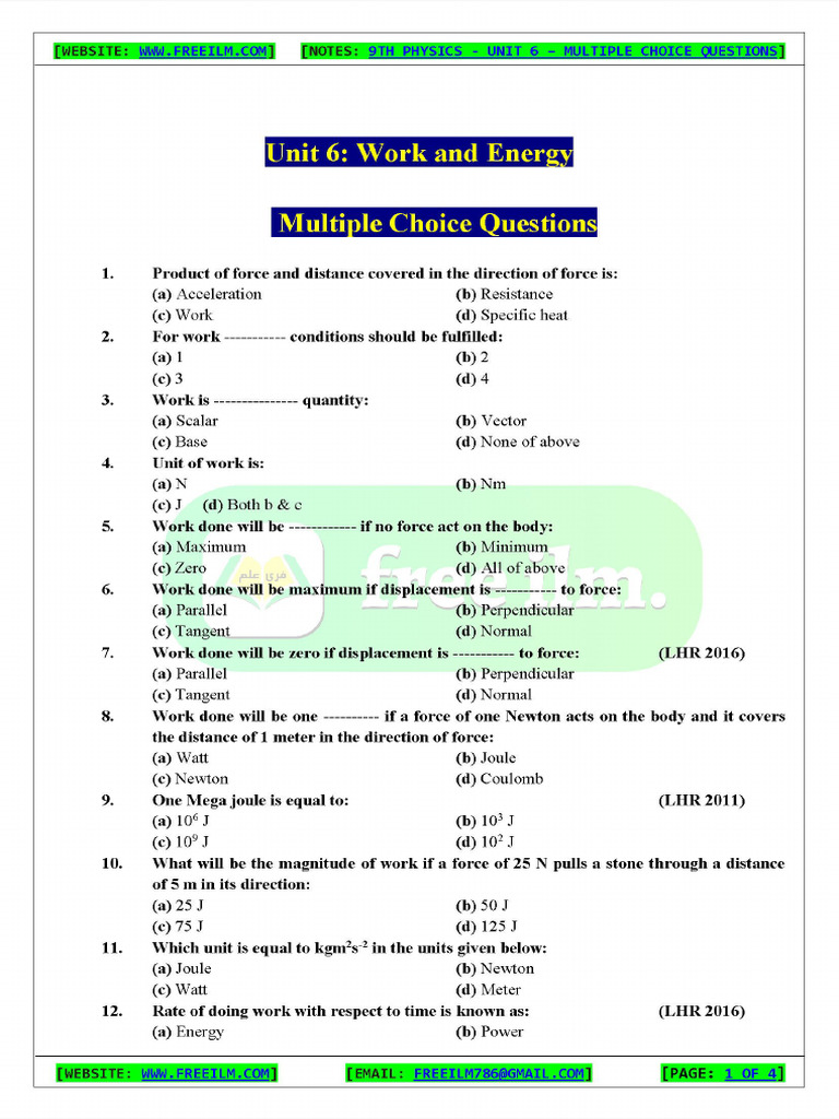 9th Phy CH 6 MCQs | PDF