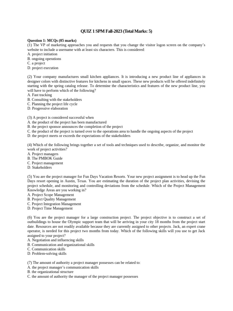 Quiz 1 SPM Fall 2023 | PDF