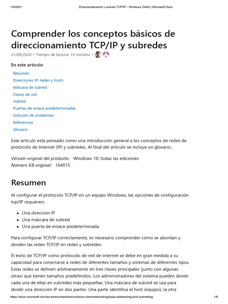 Direccionamiento y subred TCP_IP - Windows Client _ Microsoft Docs | PDF