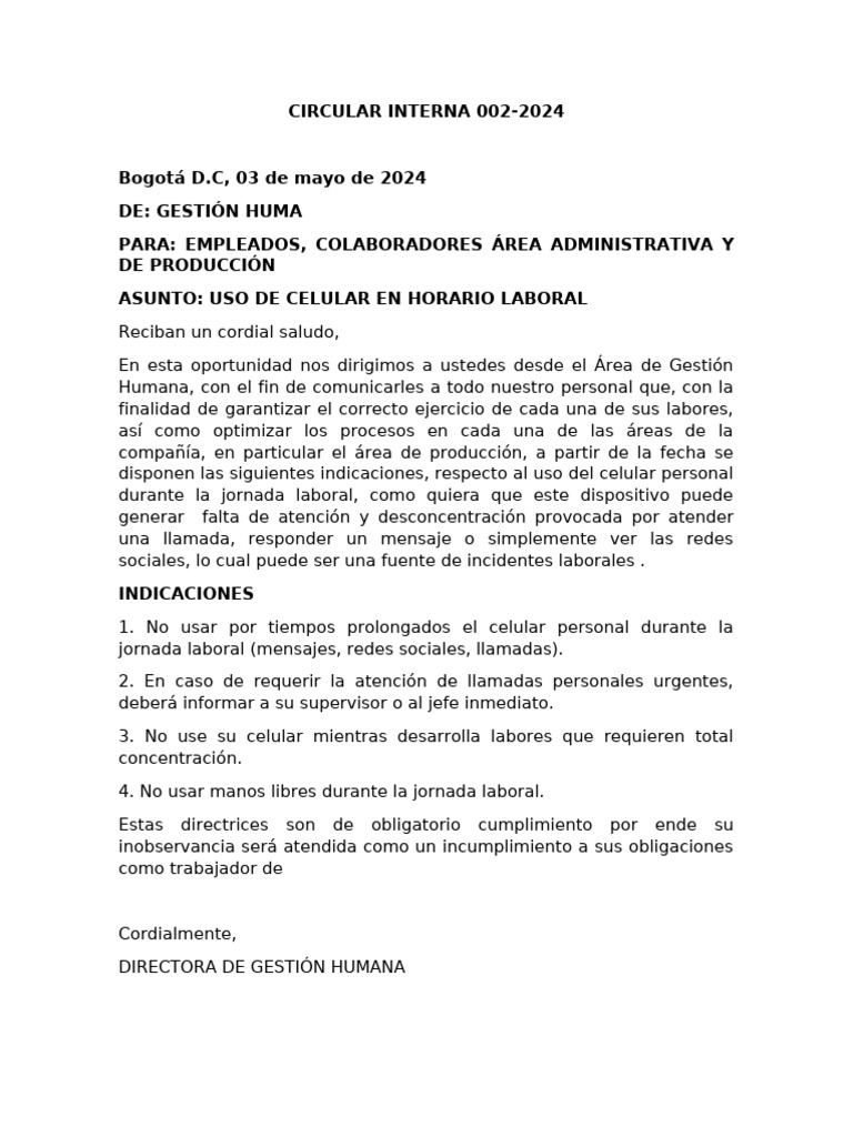 CIRCULAR INTERNA 002 | PDF