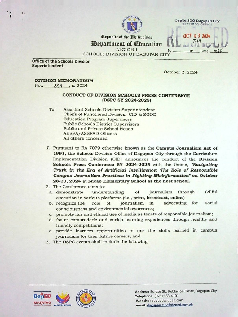 DIV MEMO NO 399 s2024 CONDUCT OF DIVISION SCHOOLS PRESS CONFERENCE DSPC SY 2024 2025 1 | PDF