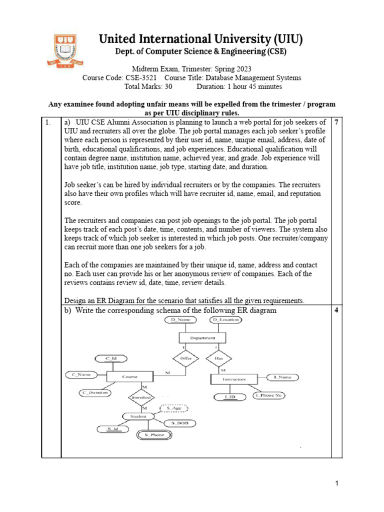 Mid Term Question 231 CSE3521 A SaIs | PDF