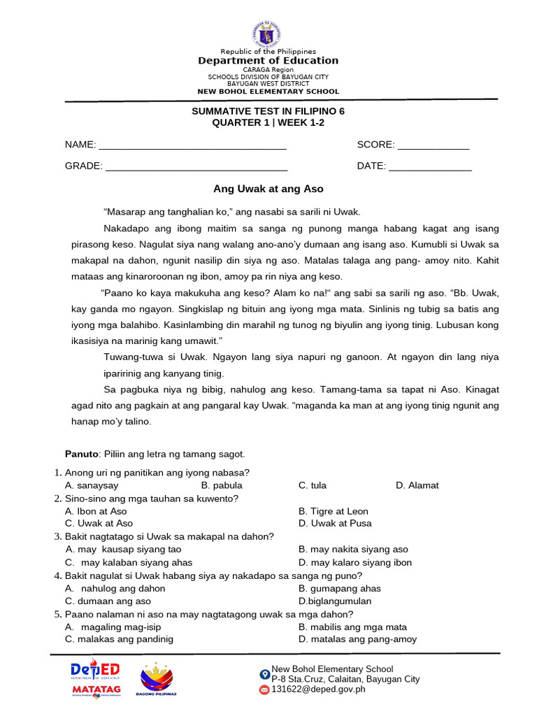 Aso at Uwak: Pabula sa Filipino 6 | PDF | Philippines | Southeast Asia