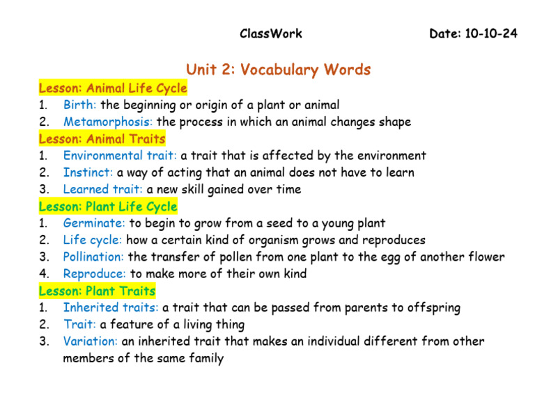 Science - CW - Unit 2 - Vocabulary Words | PDF | Home & Garden