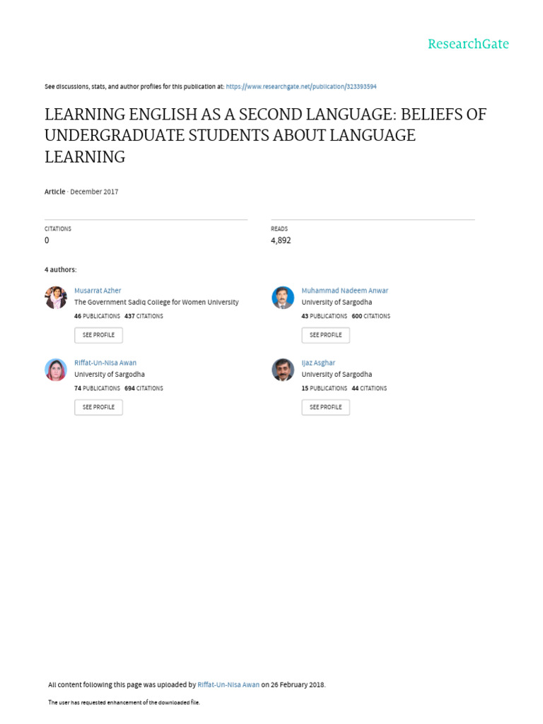 Learning English As A Second Language | PDF