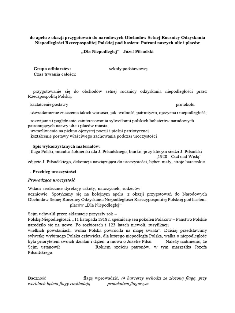 Scenariusz Do Apelu Dla Kla 0-3 o J.Piłsudskim | PDF