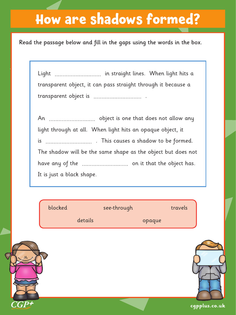 How Shadows Are Formed Cloze Passage Foundation (Year 3) Full Colour ...