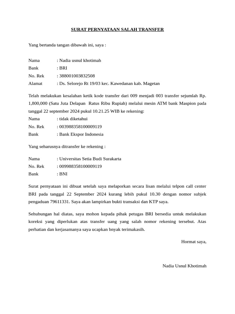 Surat Pernyataan Salah Transfer | PDF