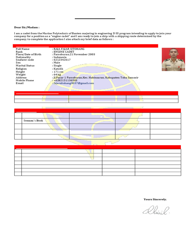 CV - Raja Fajar Sitohang - Cadet Engine | PDF