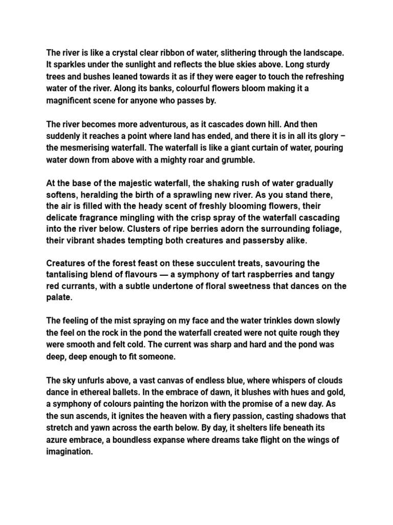 English Descriptive Writting Project - Waterfall and River | PDF