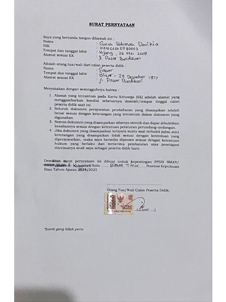 Surat Pernyataan Galuh | PDF