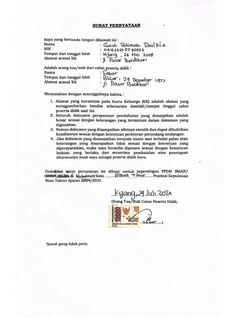 Surat Pernyataan Galuh | PDF
