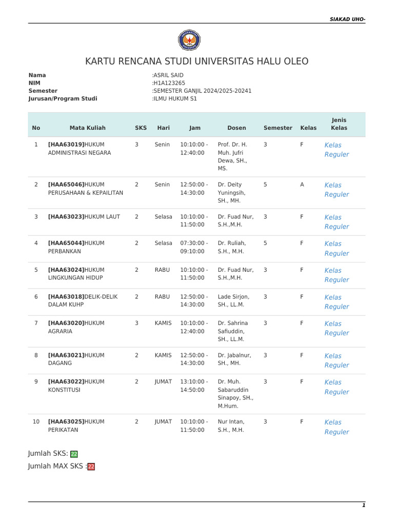 Kartu Rencana Studi Universitas Halu Oleo: Kelas Reguler | PDF