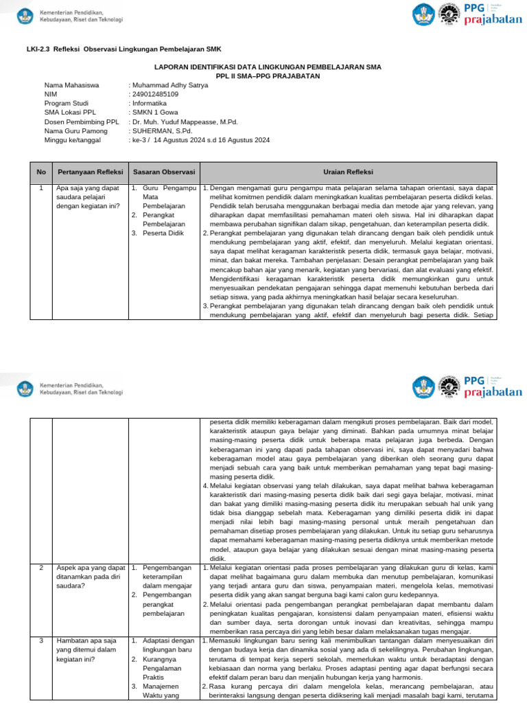 02.09.PPL2.SMK-T2-5 Unggah LKI-2.3 Refleksi Observasi Lingkungan Pembelajaran SMK | PDF