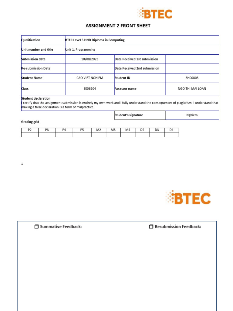Programming CaoVietNghiem BH00803 ASM2 1st | PDF