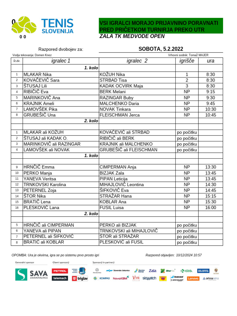Igralec 2 Igrišče Ura Igralec 1: Zala TK Medvode Open | PDF