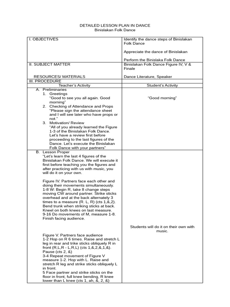 Detailed Lesson Plan in Dance Binislakan | PDF