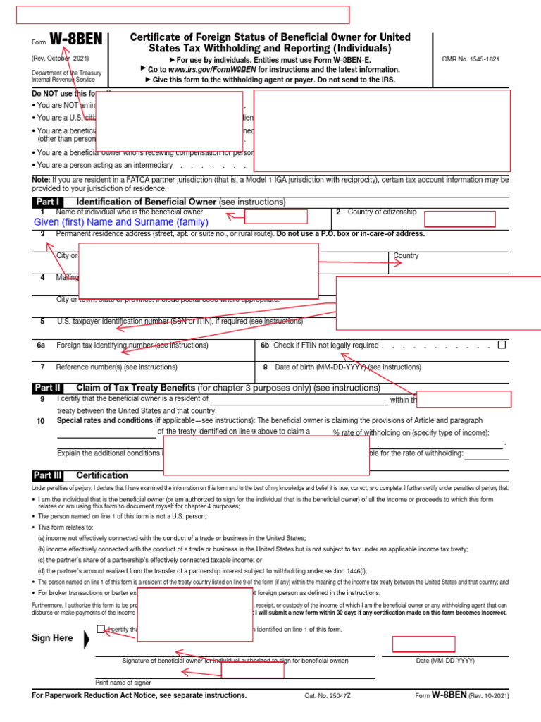 Form W-8 BEN (Rev. October 2021) | PDF