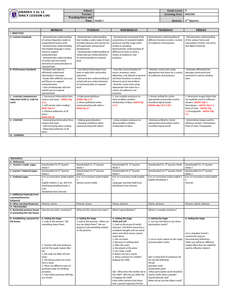 Grade 5 DLL English 5 Q4 Week 7 | PDF