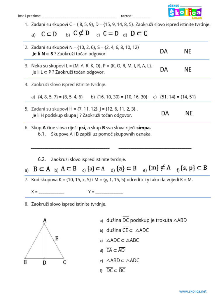 Skupovi Podskupovi Ispit Test 5 Razred Matematika Pdf