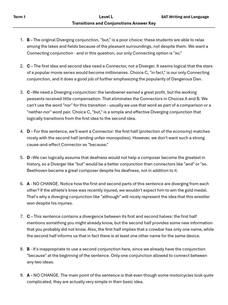 2425-Level L Writing and Language - Transitions - Answer Key | PDF