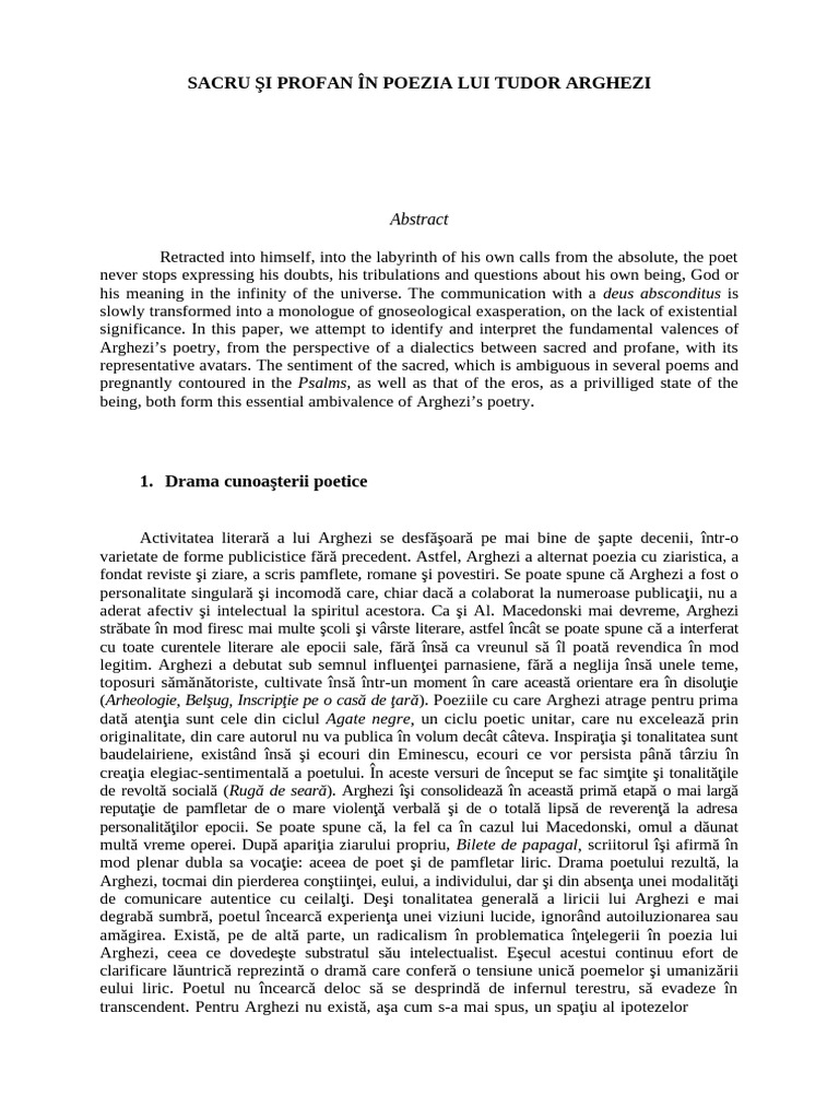 Sacru Şi Profan În Poezia Lui Tudor Arghezi. | PDF