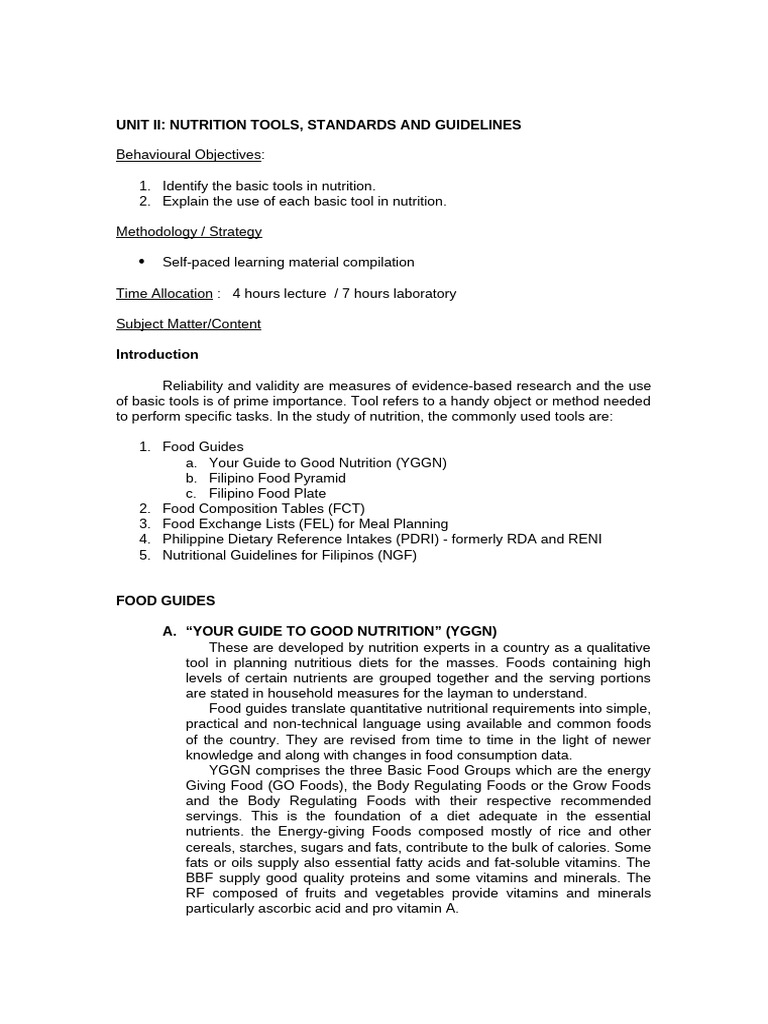 2 Unit II Tools in Nutrition | PDF | Foods | Wellness