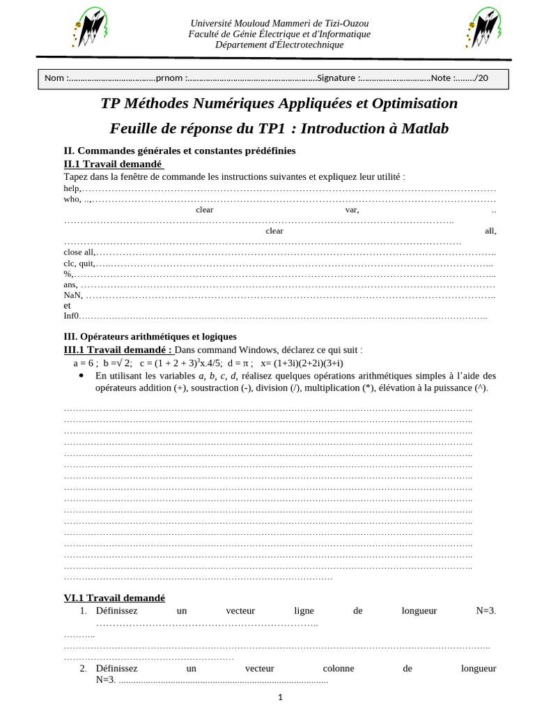 feuille de reponses_TP01_Introduction | PDF