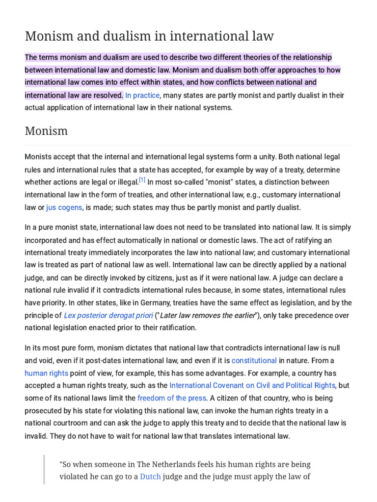 Monism and Dualism in International Law - Wikipedia | PDF